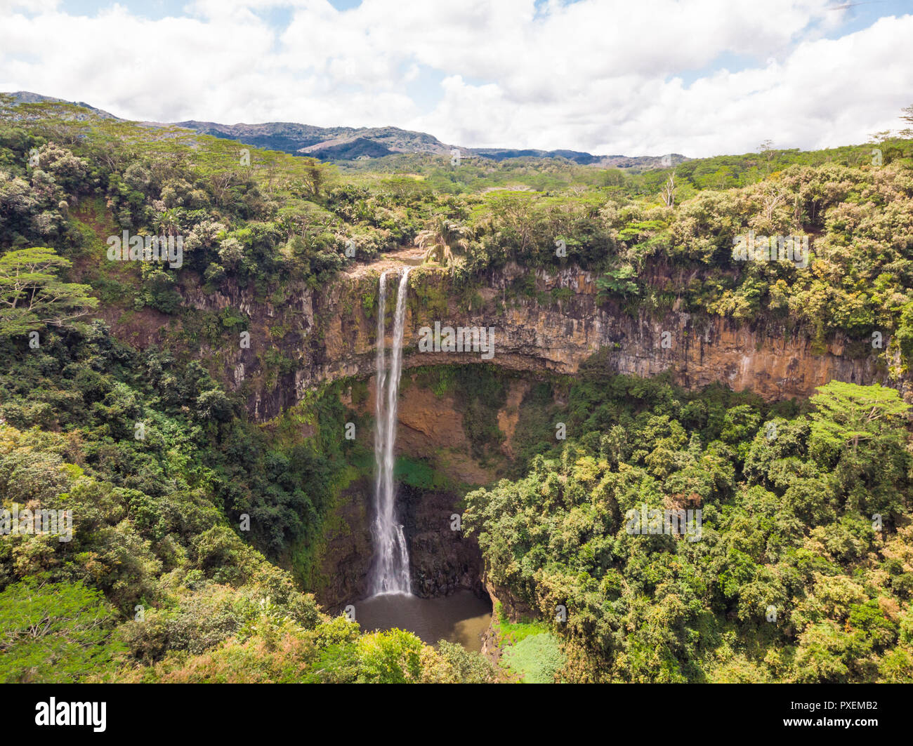 Aerial top view perspective of Chamarel Waterfall in the tropical ...