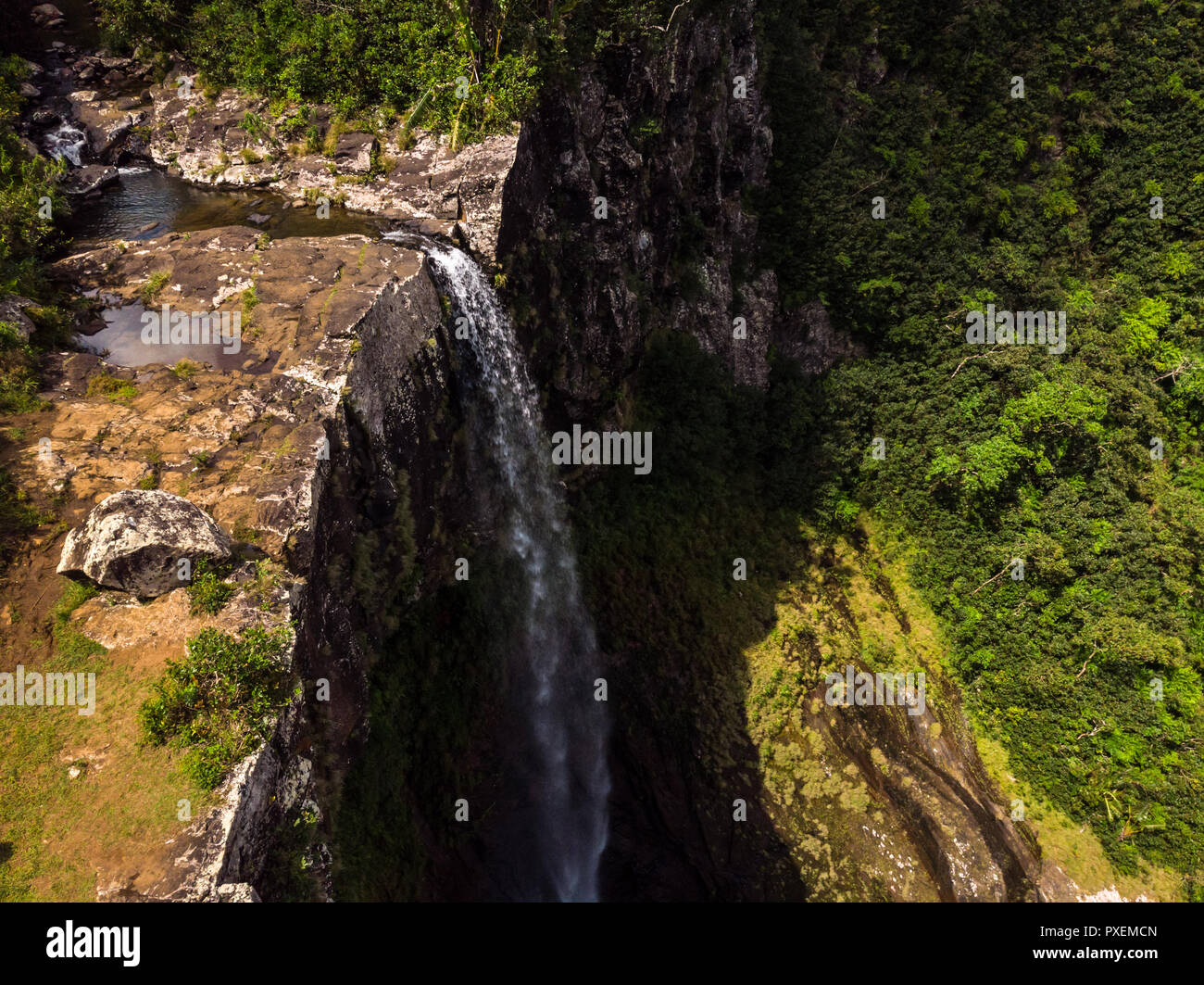 Aerial top view perspective of amazing 500 feet tall waterfall in the ...