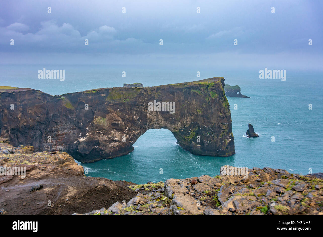 Reynisfjara black sand beach with amazing columnar basalt formations, a ...