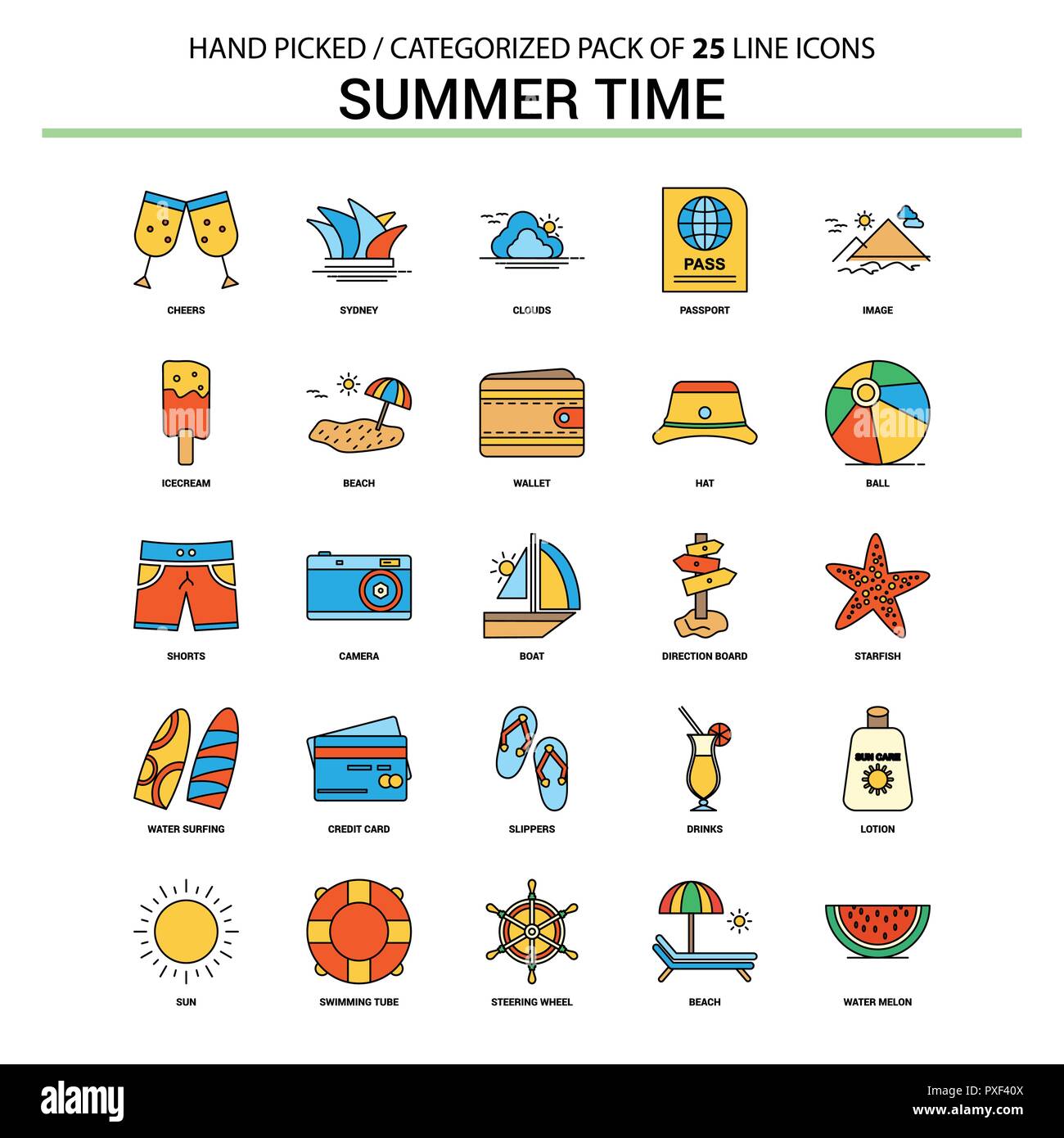 Summer Time Flat Line Icon Set - Business Concept Icons Design Stock ...