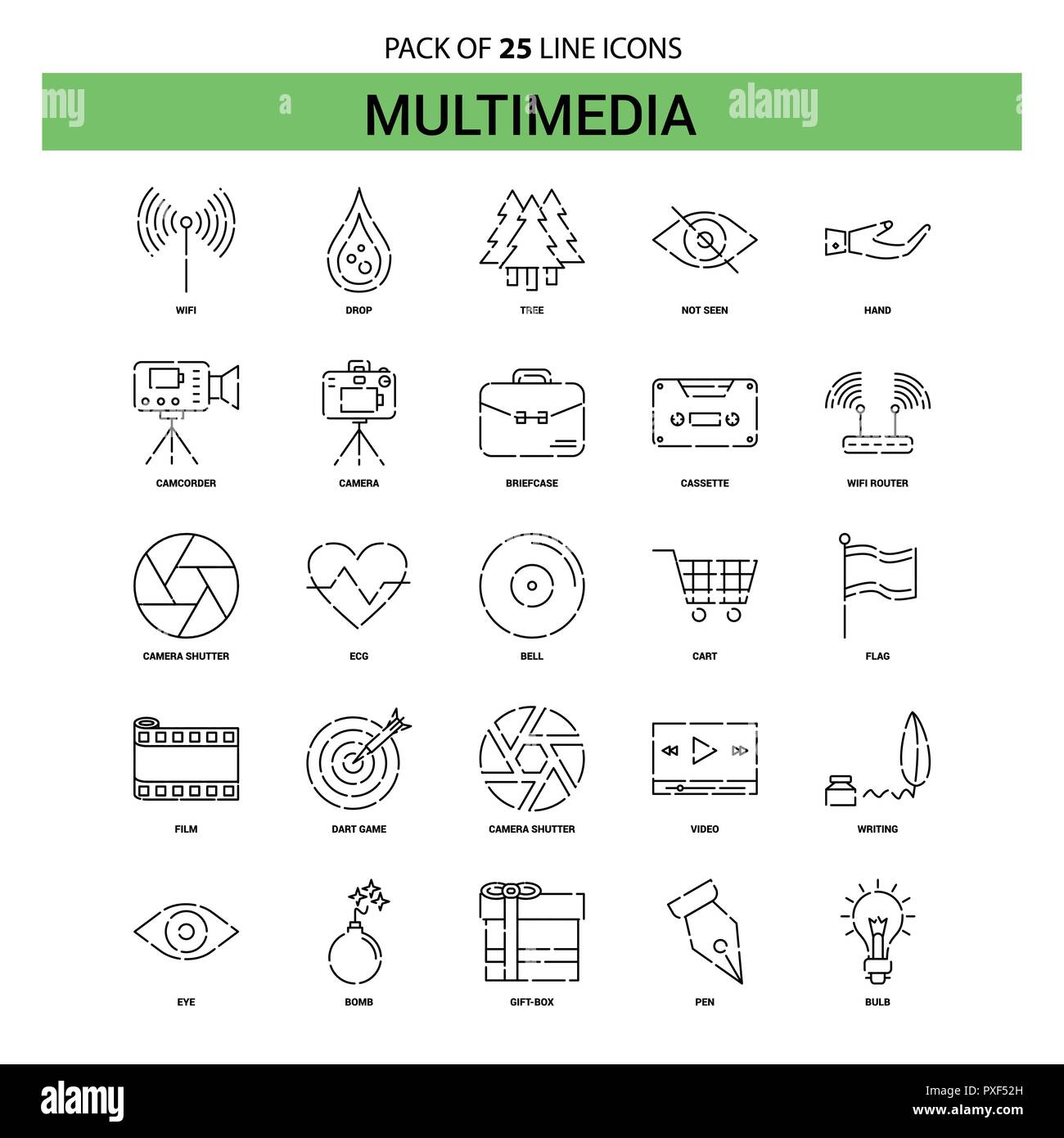 Multimedia Line Icon Set 25 Dashed Outline Style Stock Vector Image