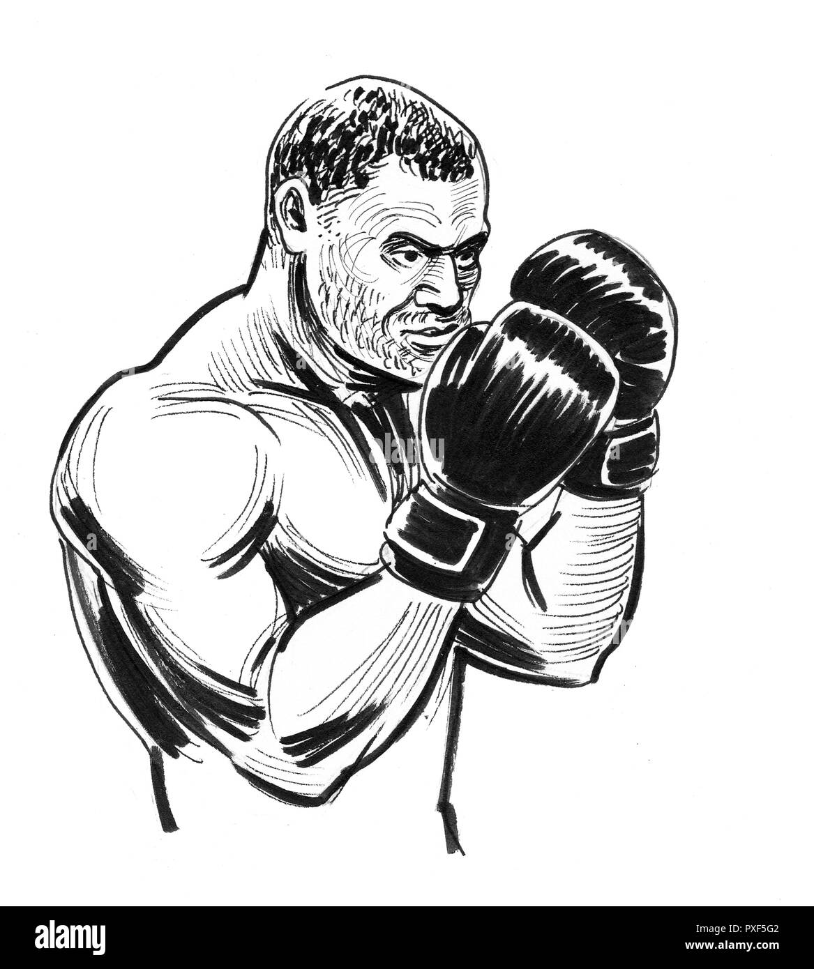 Boxing man. Ink black and white retro styled illustration Stock Photo ...
