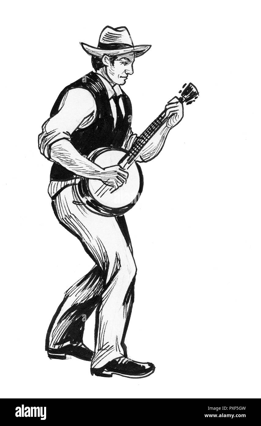 Ink black and white illustration of a country musician playing banjo ...