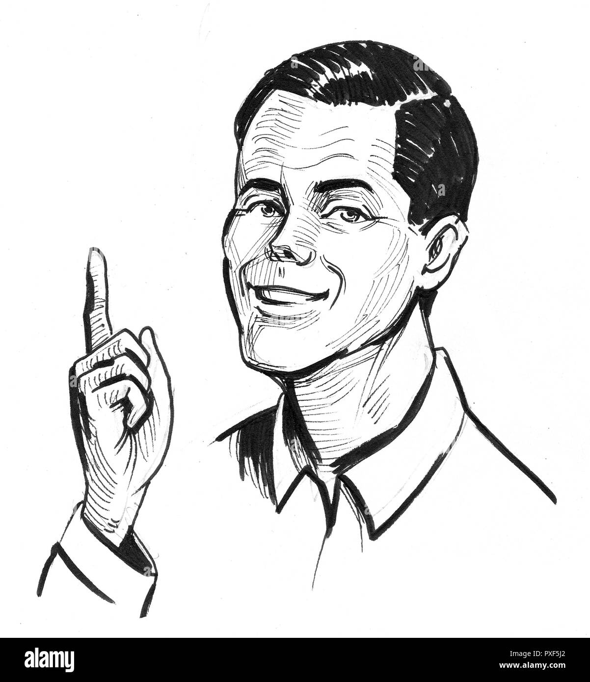 Man pointing up. Ink black and white drawing Stock Photo - Alamy