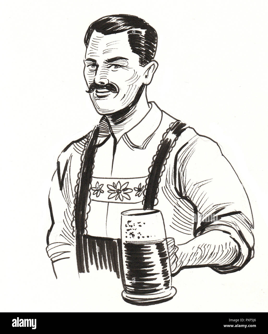 German man in traditional clothing with a mug of beer. retro styled ink ...
