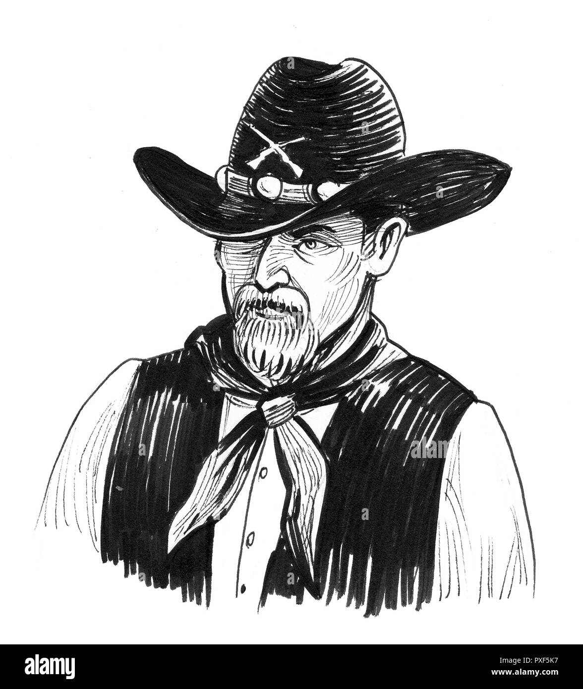 Cowboy character. Ink black and white drawing Stock Photo - Alamy