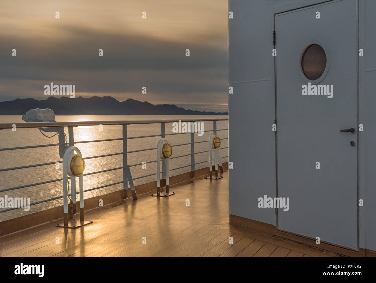 Three nautical cruise ship deck walkway metal and brass exterior marine ...