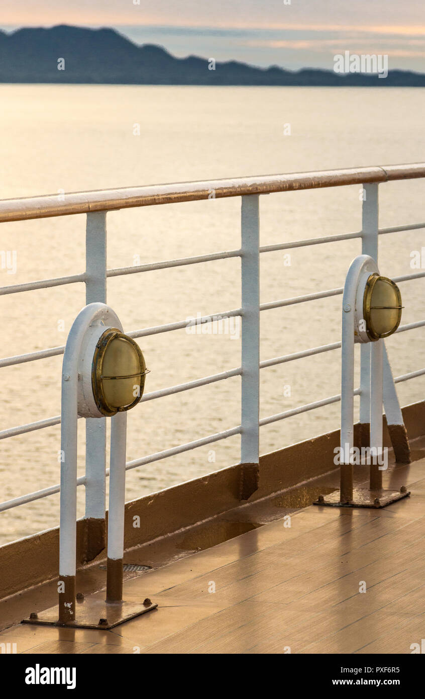 Two nautical cruise ship deck walkway metal and brass exterior marine ...