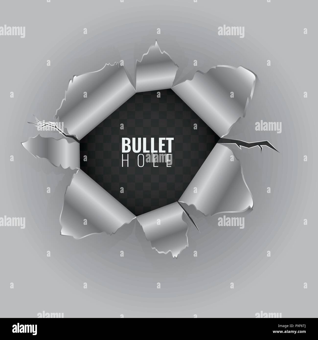 Bullet hole in hard metal material with ripped steel edges. Vector ...