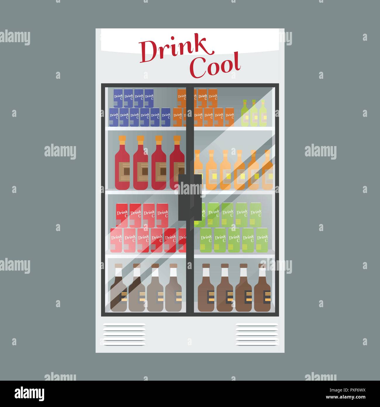 Refrigerated supermarket display case full with multiple drinks and ...