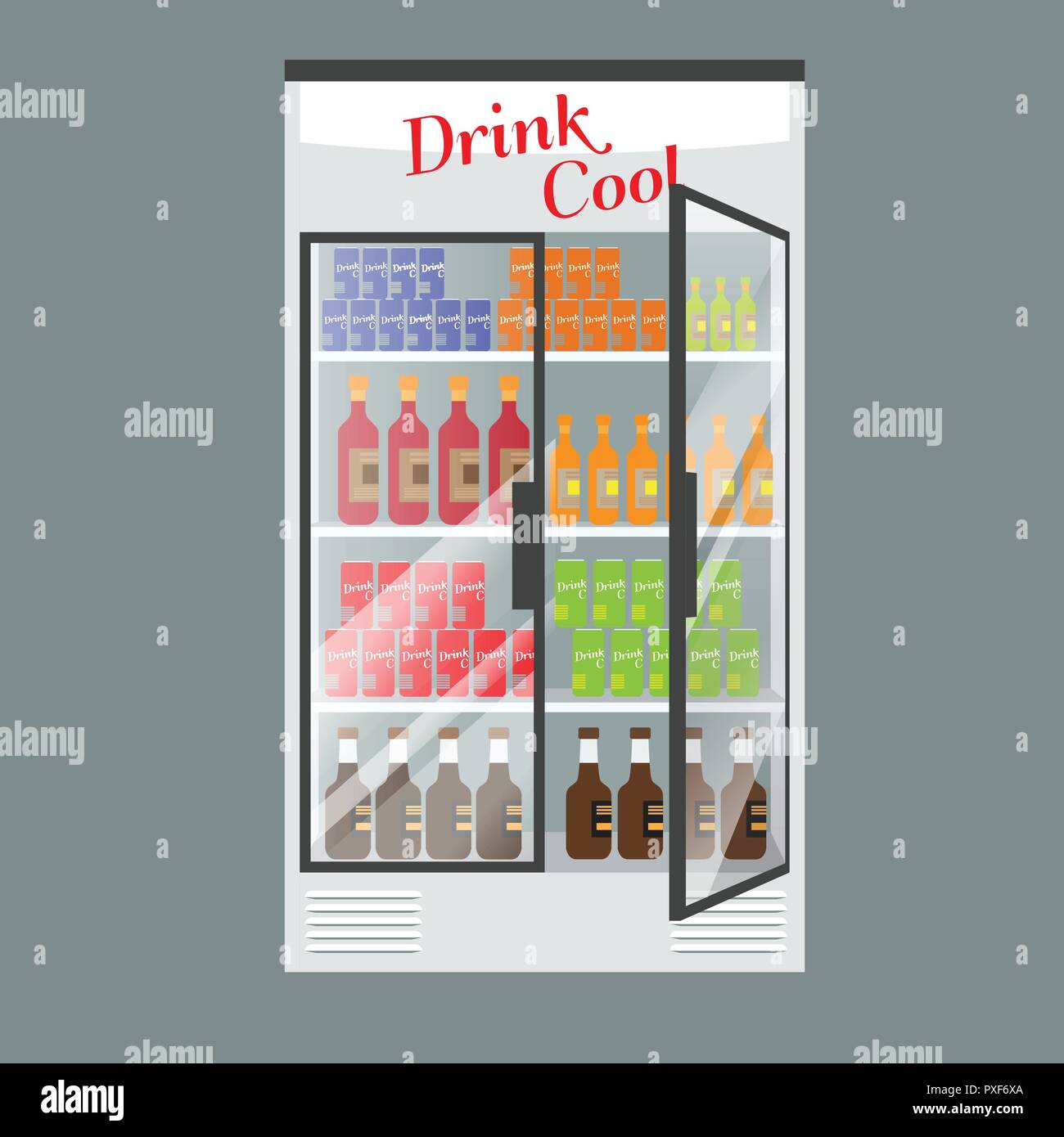 Refrigerated supermarket display case full with multiple drinks and ...
