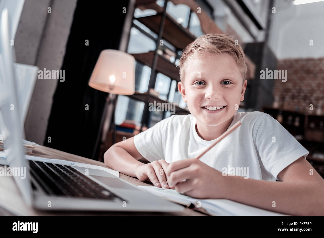 Happy pleasant boy sitting and working Stock Photo - Alamy