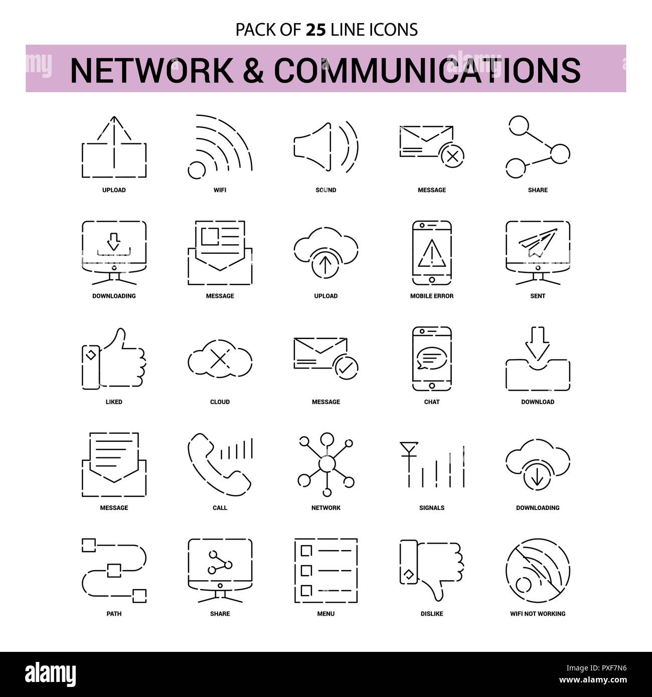 Network and Communication Line Icon Set - 25 Dashed Outline Style Stock ...