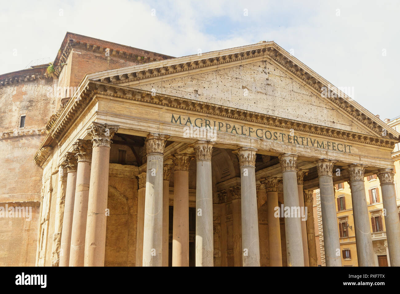 The Pantheon in the sunlight. Rome, Italy. Blue sky with clouds in the ...