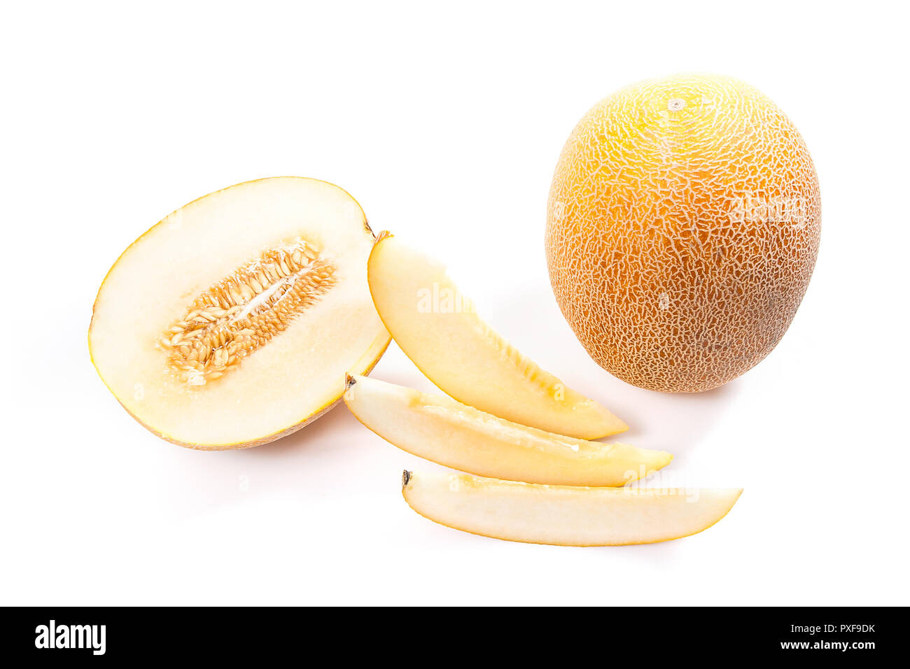 Whole, half and sliced ripe juicy melon tropical fruit at summer time ...