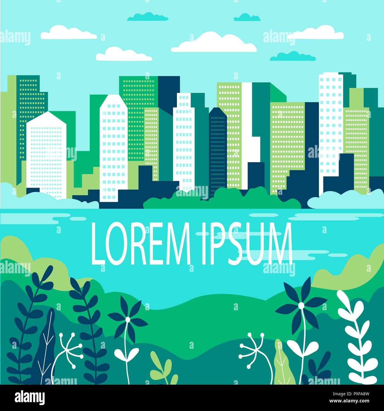 City landscape flat. Design urban illustration vector in simple minimal ...