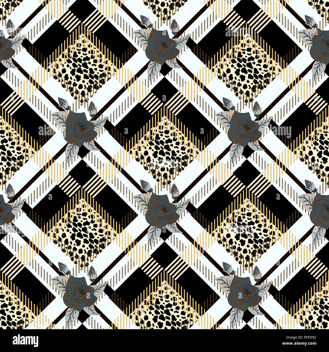 Tartan plaid with flowers and leopard skin pattern. Exotic animal and ...