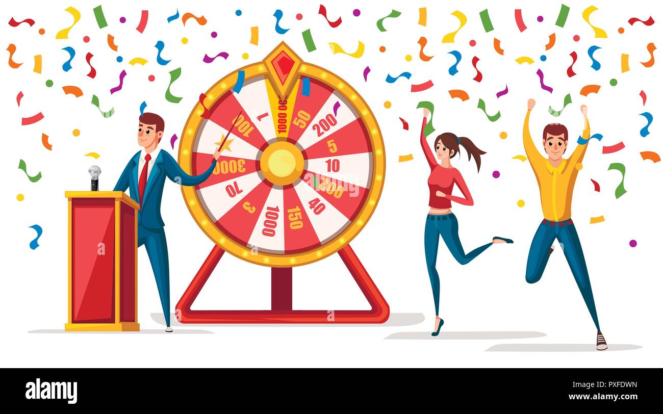 Wheel of fortune with men and confetti. Winners man and women. Wheel ...