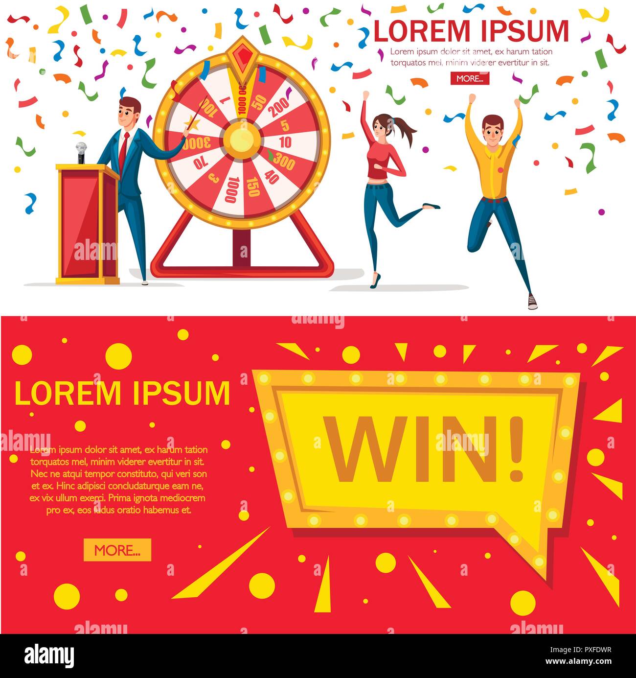 Wheel of fortune with men and confetti. Winners man and women. Wheel ...