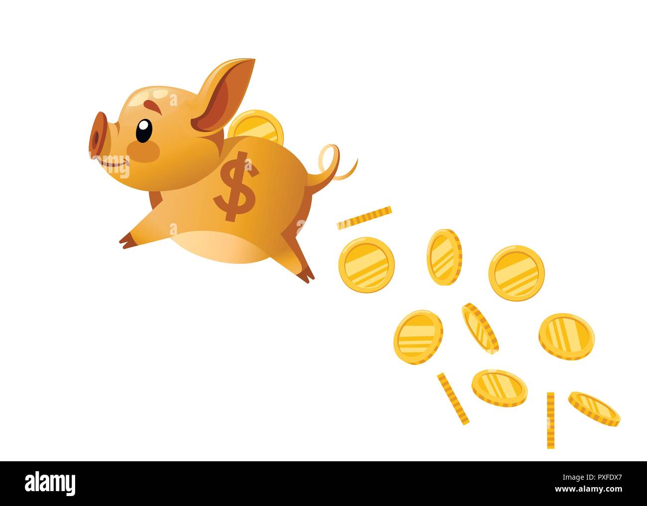 Golden piggy bank flying and drop coin. The concept of saving or save ...