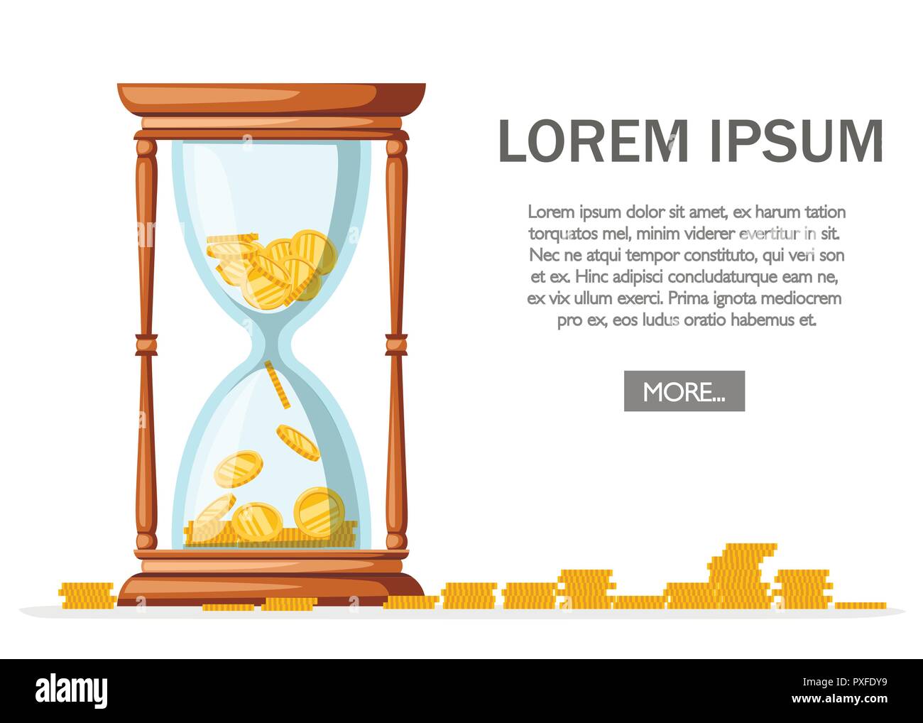 Hourglass with coins. Classic design of timer sand. Wooden material ...