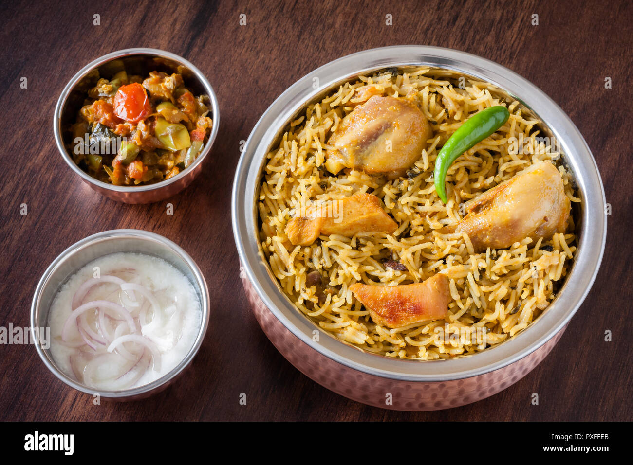 Closeup view from the top of delicious Indian chicken biryani served in ...