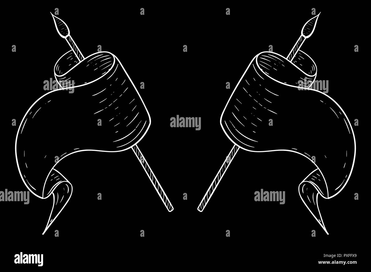 Flags on a stick. Hand drawn chalk sketch on black background Stock ...