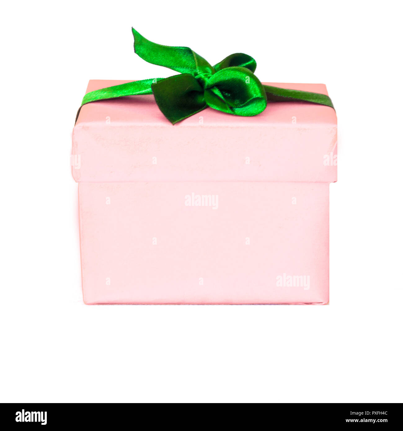 Pink gift box with the green satin ribbon bow Stock Photo - Alamy