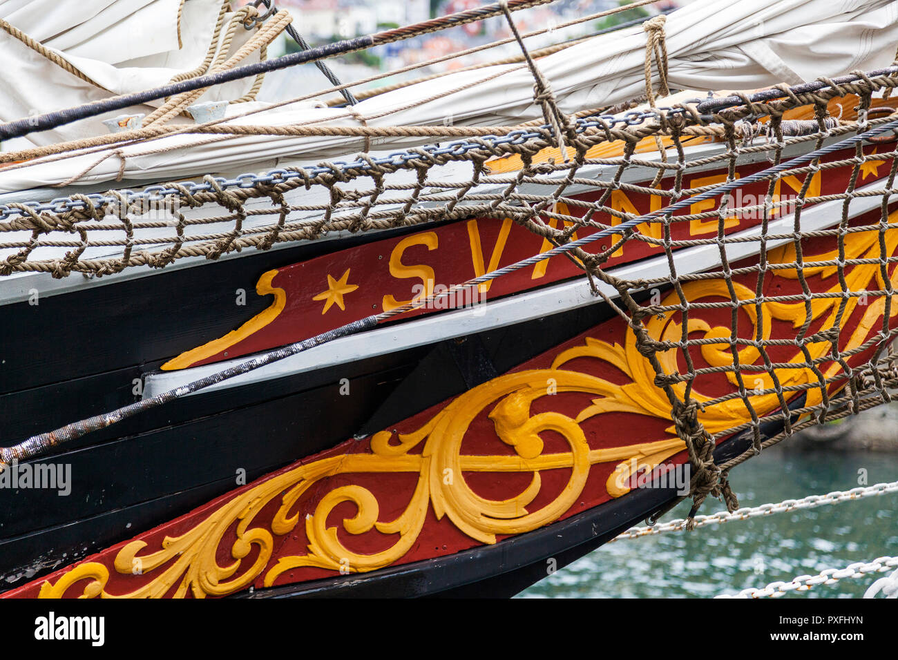 Bow of the Norwegian three masted schooner Svaneni n the port of Bergen ...