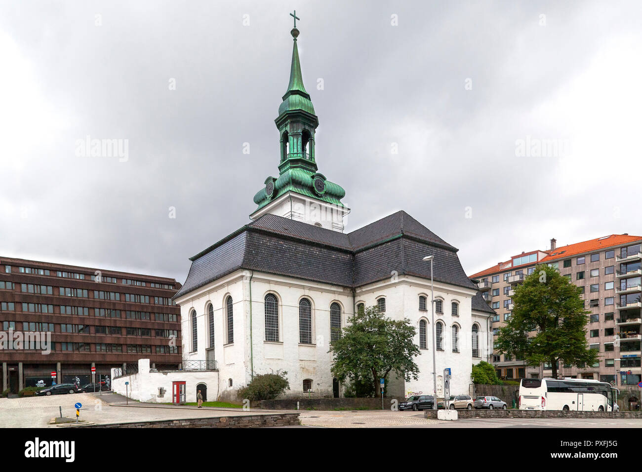Nykirken white stone parish church in the port area of Nordnes in ...