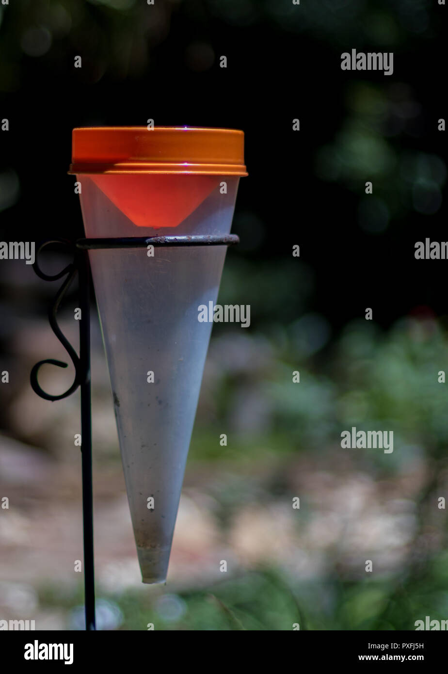An empty rain gauge isolated on an out of focus background image with ...