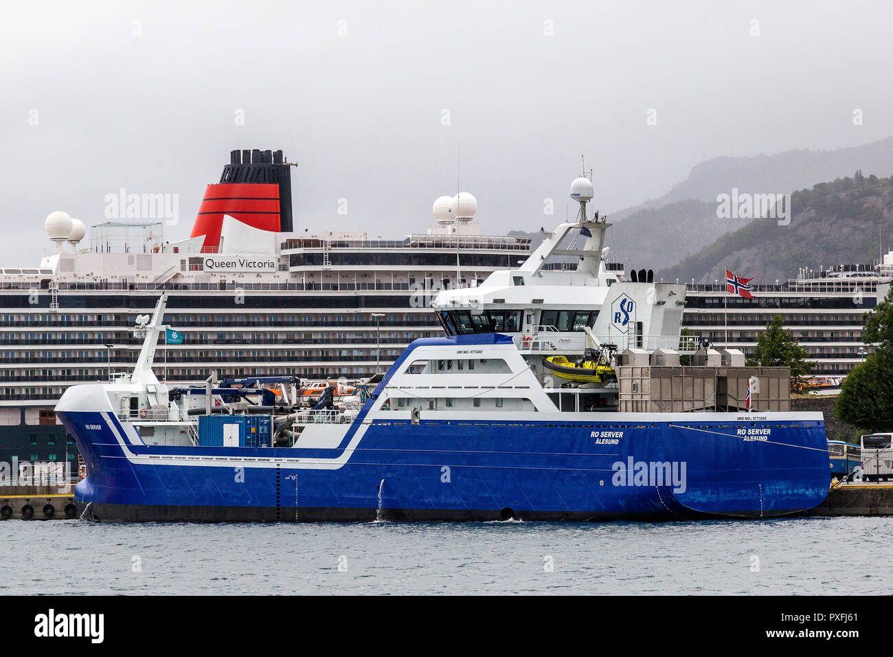 Modern fish cargo carrier RO Server, in the port of Bergen, Norway. On ...