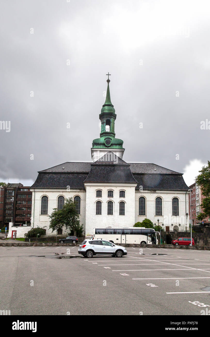 Nykirken white stone parish church in the port area of Nordnes in ...