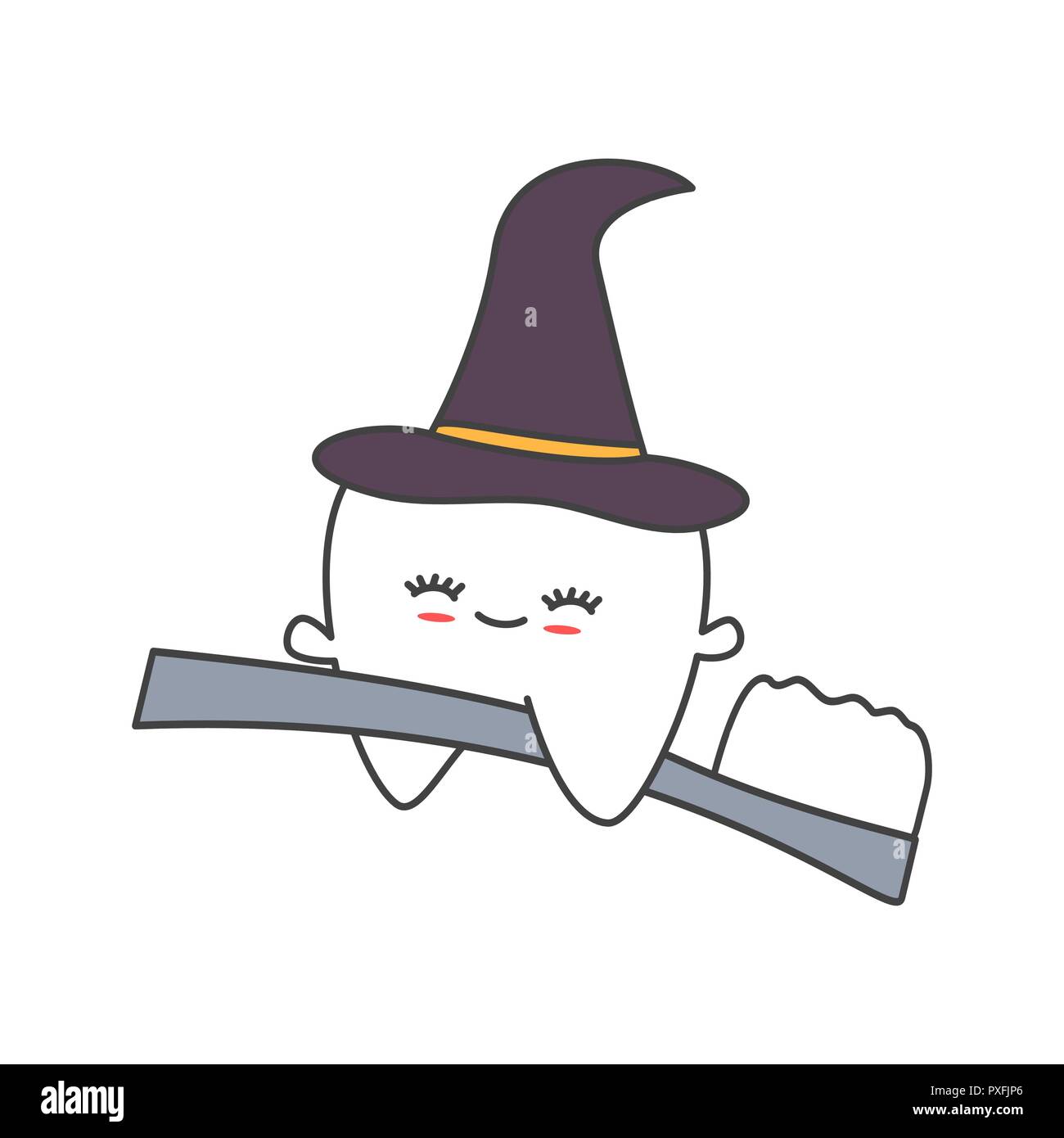 cute cartoon tooth with witch hat flying on toothbrush funny halloween ...