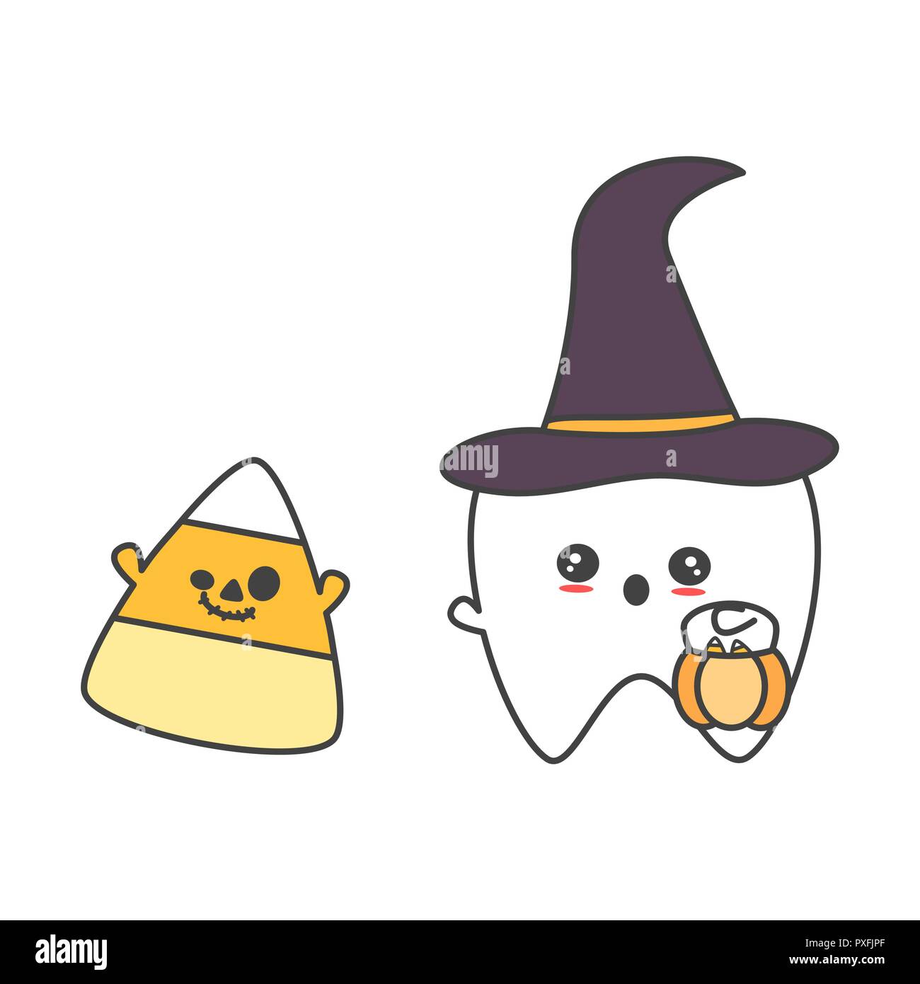 cute cartoon tooth with witch hat and candy corn funny halloween vector ...