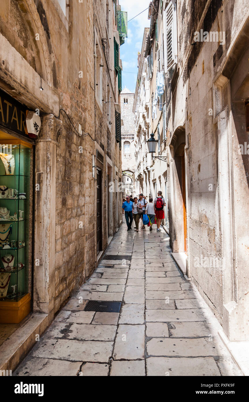 Split, Сroatia - June 22, 2014: Split. Narrow Old Town street. Medieval ...