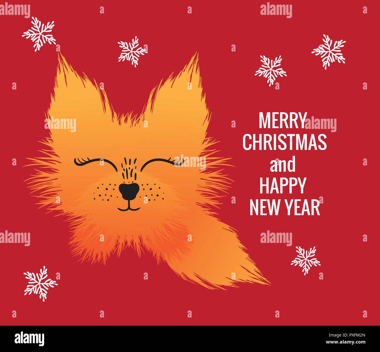 Merry Christmas and Happy New Year card with orange cute fox fluff ...