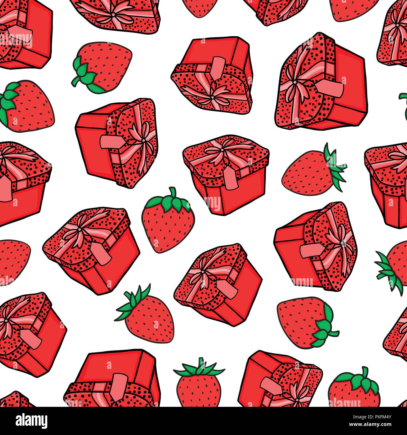 Fashion illustration of a red strawberry and red gift box seamless ...
