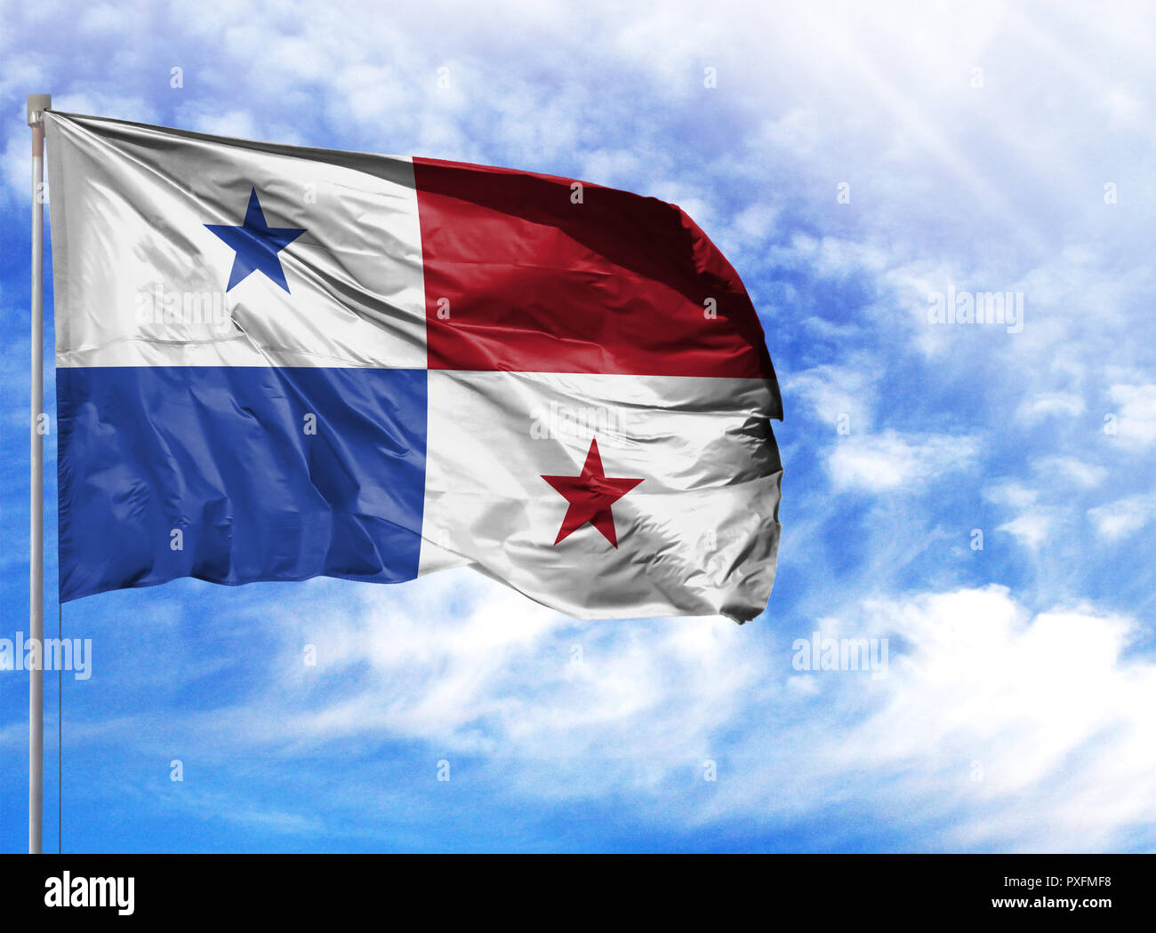 National flag of Panama on a flagpole in front of blue sky Stock Photo ...