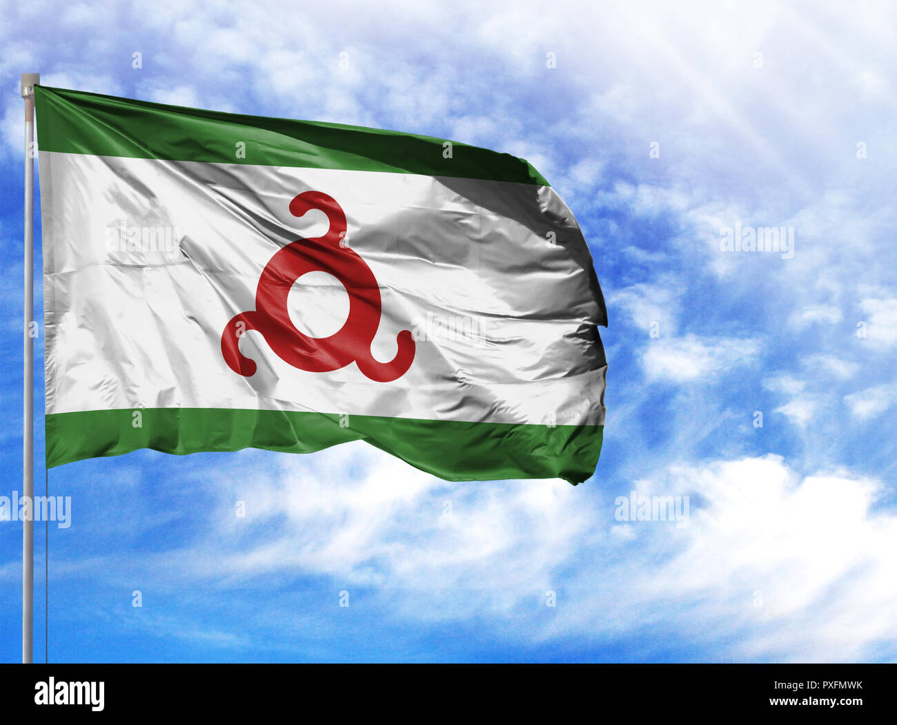 National flag of Ingushetia on a flagpole in front of blue sky Stock ...