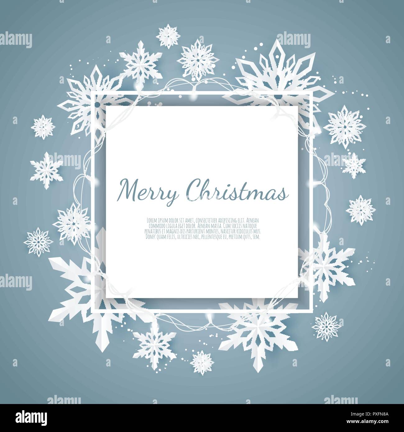 Christmas card with paper snow flake. Falling snowflakes on a dark blue ...