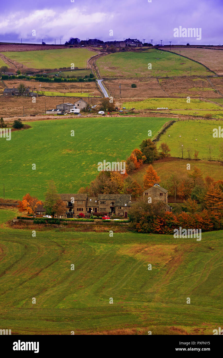Trees in Autumn colours with stone cottages on the Lancashire moorland ...