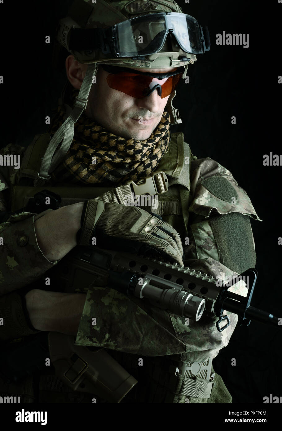 close up portrait of handsome military man. Macro shot on black ...