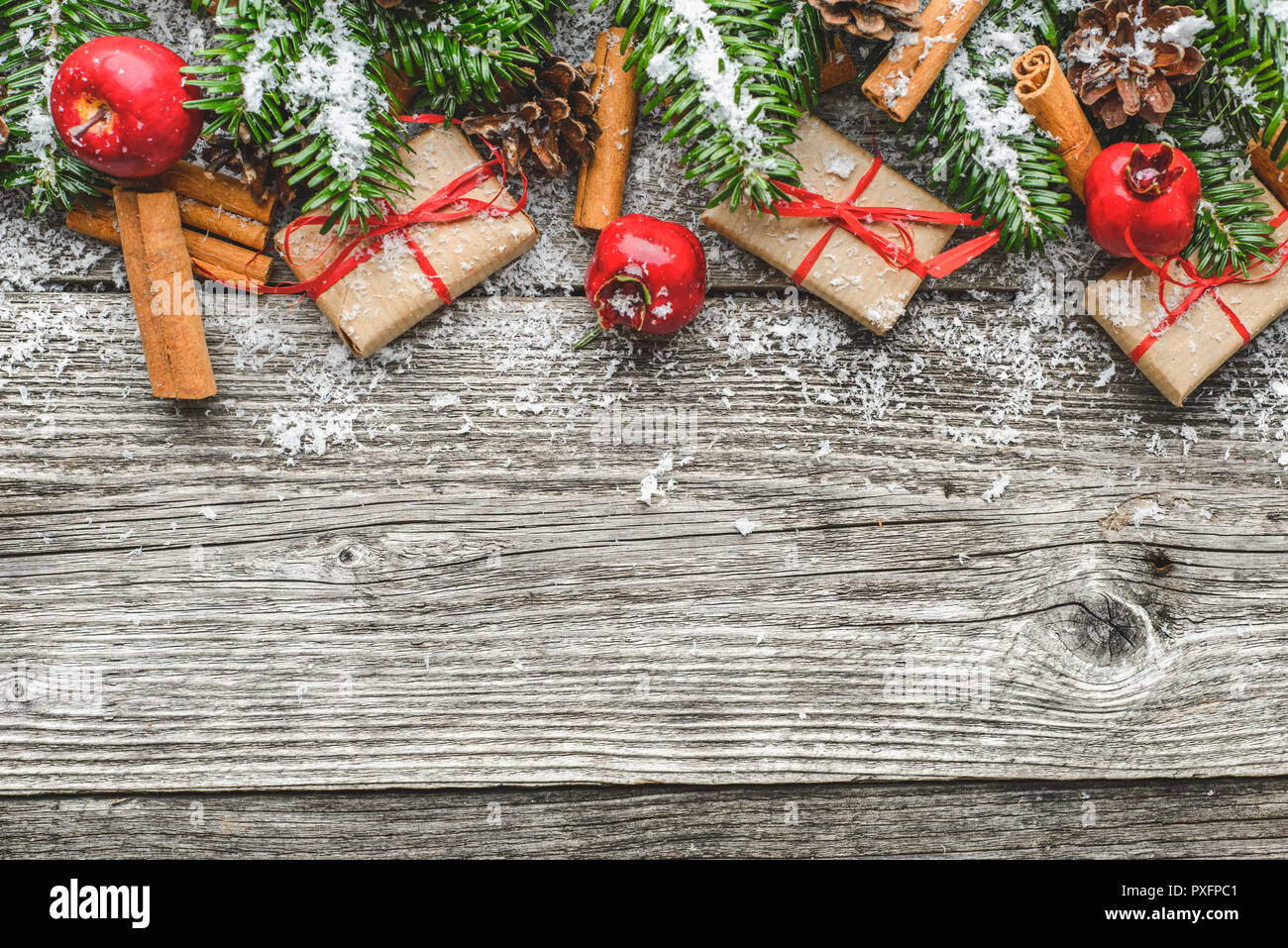 Christmas wooden background with fir branches and decorations, rustic ...
