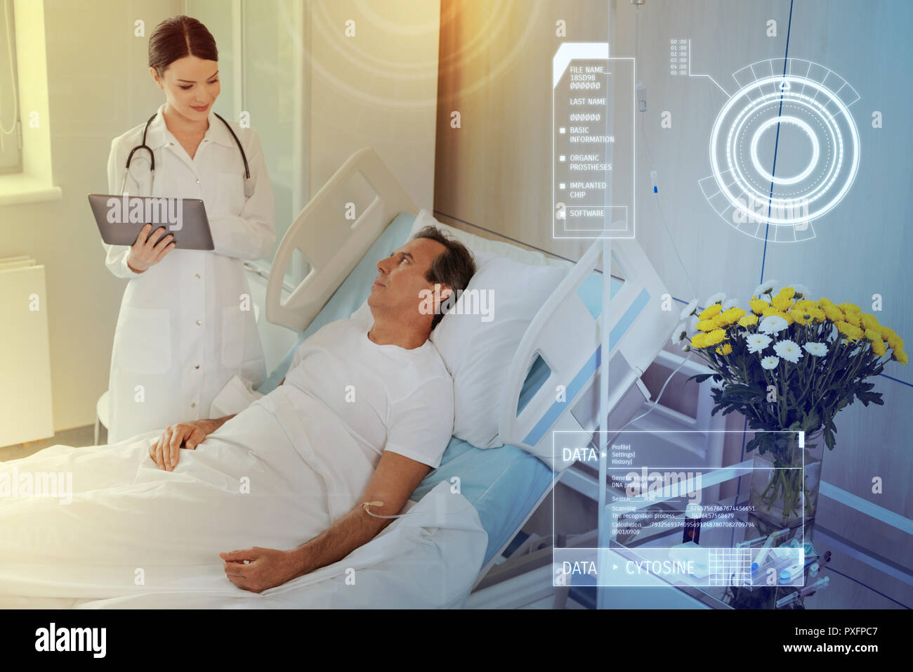 Worried patient staying in hospital bed and a kind doctor smiling to ...