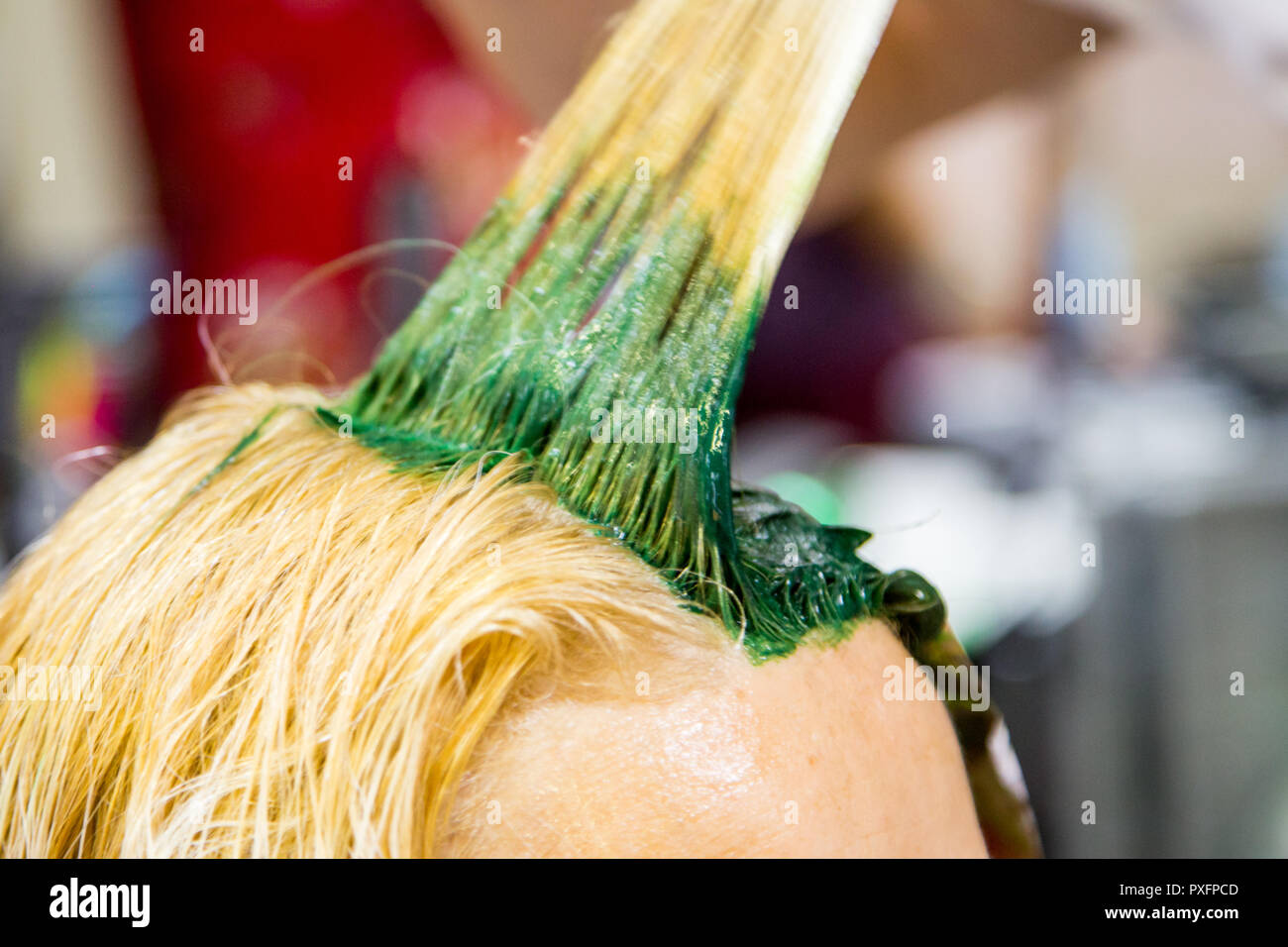 Professional hairdresser dyeing hair. Multicolor Fluorescent staining ...