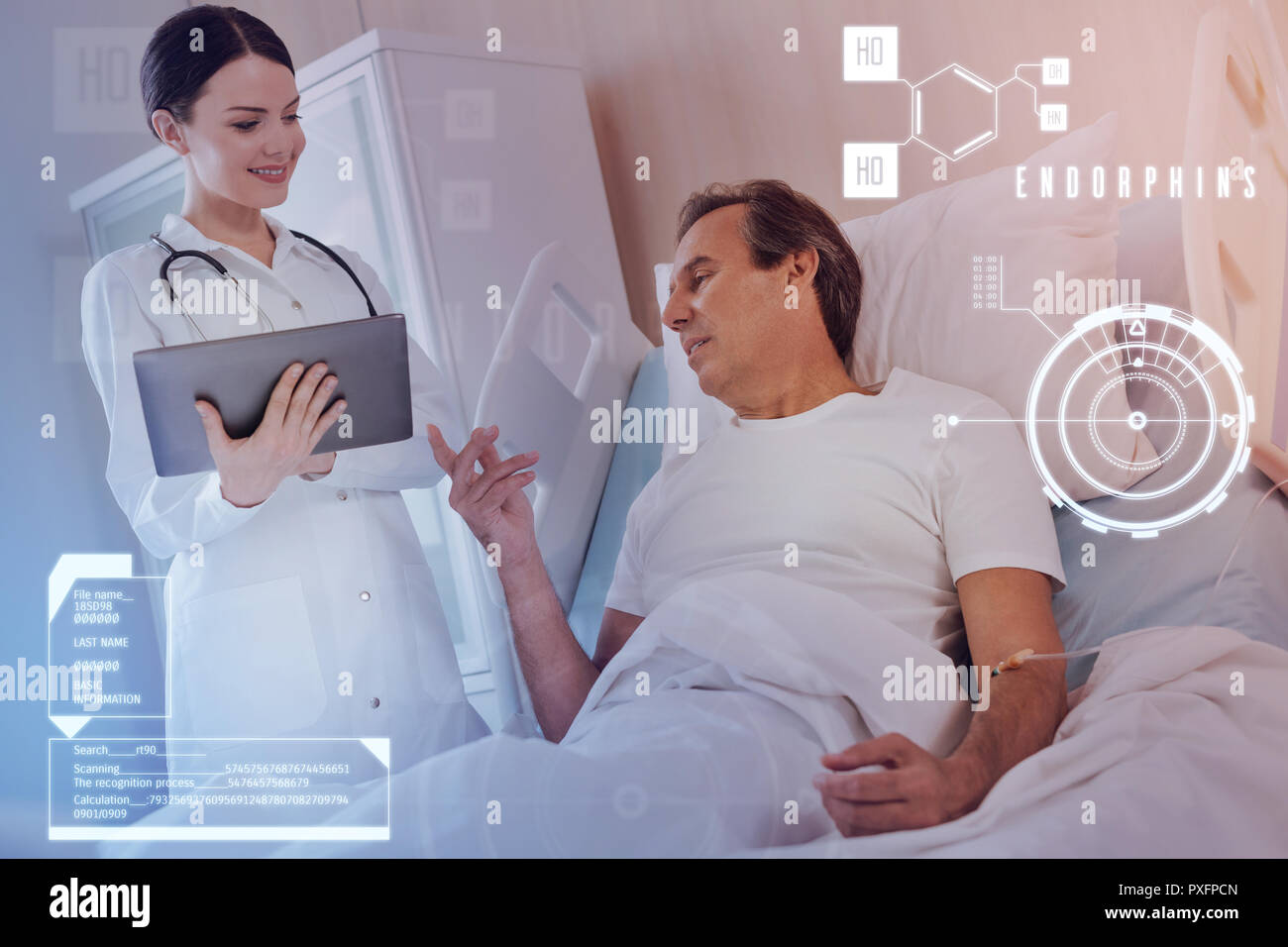 Kind doctor smiling while a curious patient asking questions Stock ...