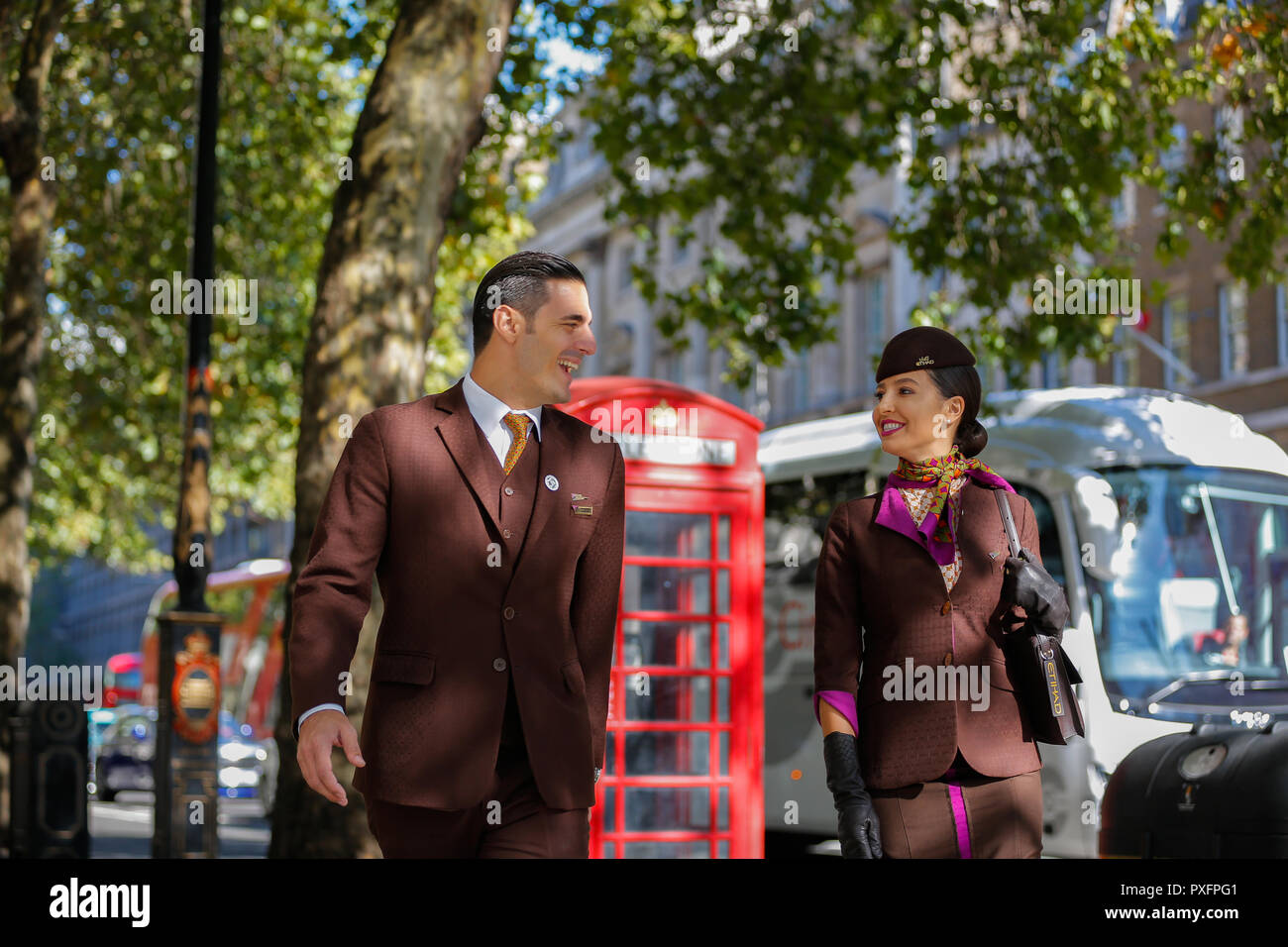 Etihad Airways cabin crew during London Fashion Week SS19. London ...