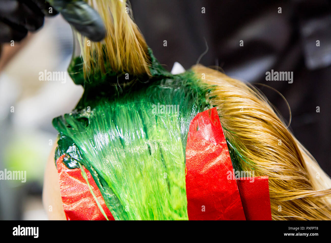 Professional hairdresser dyeing hair. Multicolor Fluorescent staining ...