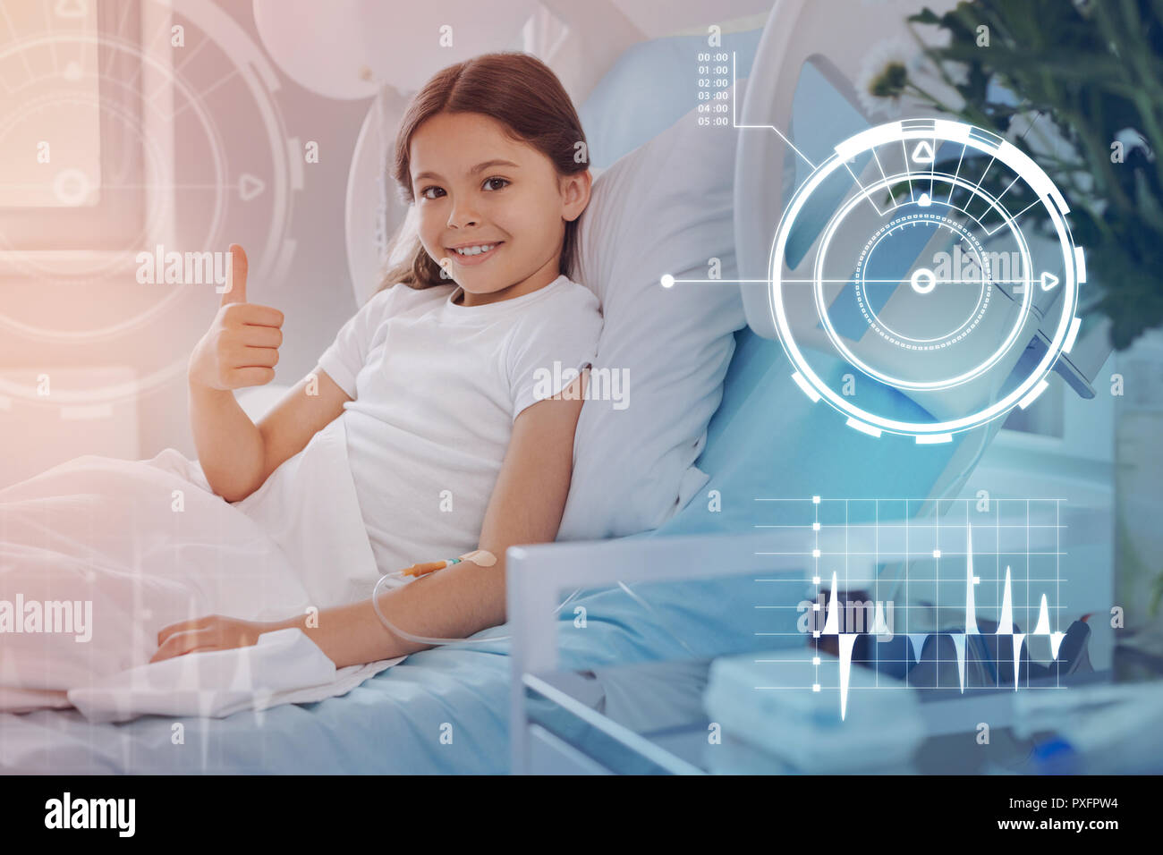 Cheerful girl putting her thumb up while recovering from illness Stock ...